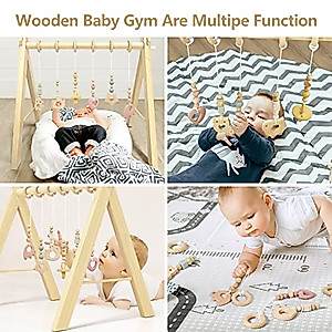 BESFAN Wooden Baby Gym with 6 Toys, Foldable Baby Play Gym Frame Activity Center Hanging Bar Newborn Gift, Wooden Baby Hanging Toys for Play & Learn