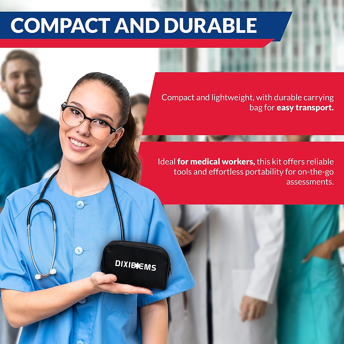 Dixie EMS Aneroid Sphygmomanometer and Dual Head Stethoscope Set with Adult Size Blood Pressure Cuff, Calibration Key and Carrying Case – Navy Blue