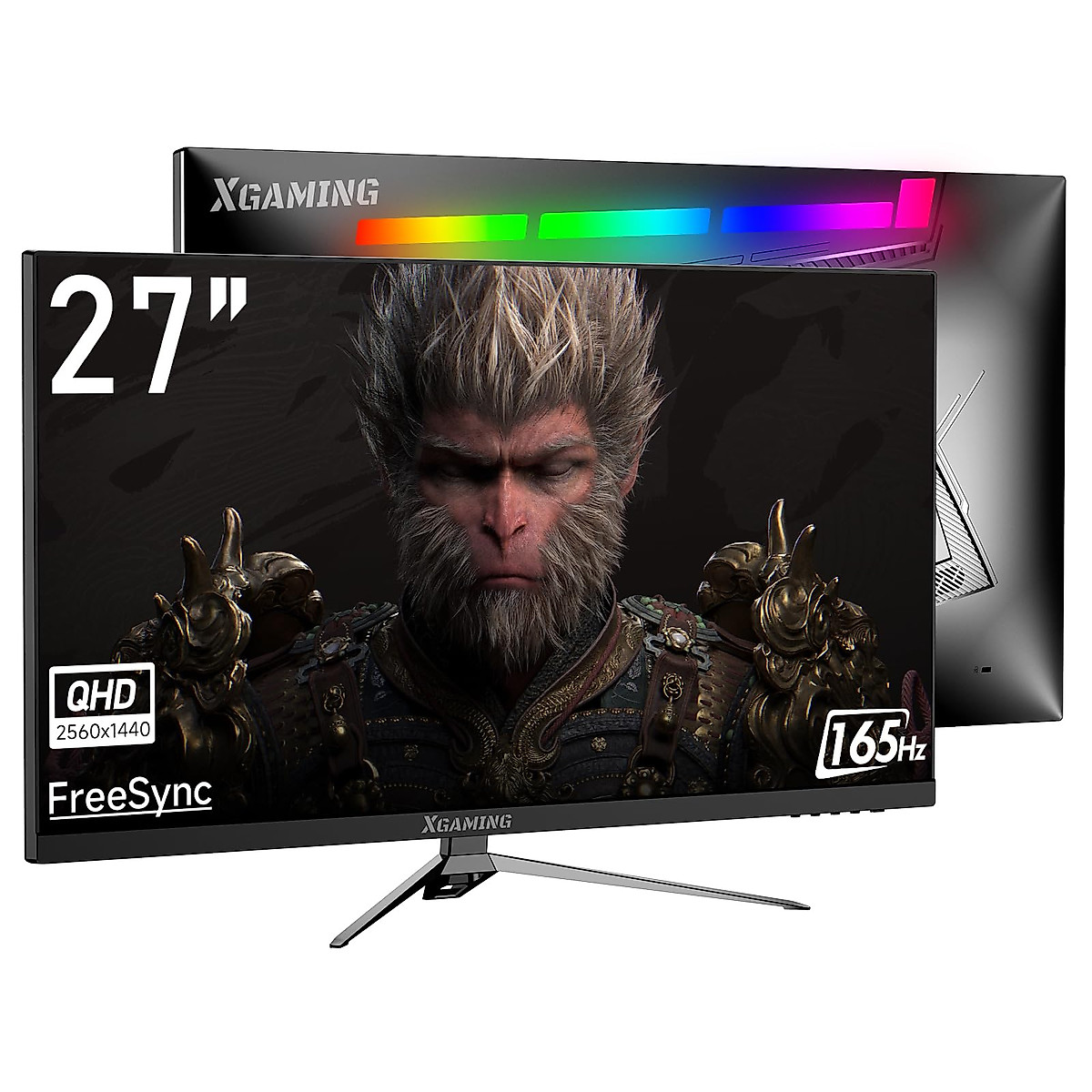memzuoix 27-Inch QHD Gaming Monitor 165Hz, IPS PC Monitor with Rainbow Lights, 1ms, 99% sRGB, FreeSync G-Sync Compatible, Eye Care, VESA Mountable, HDMI, DisplayPort and Speakers, Black