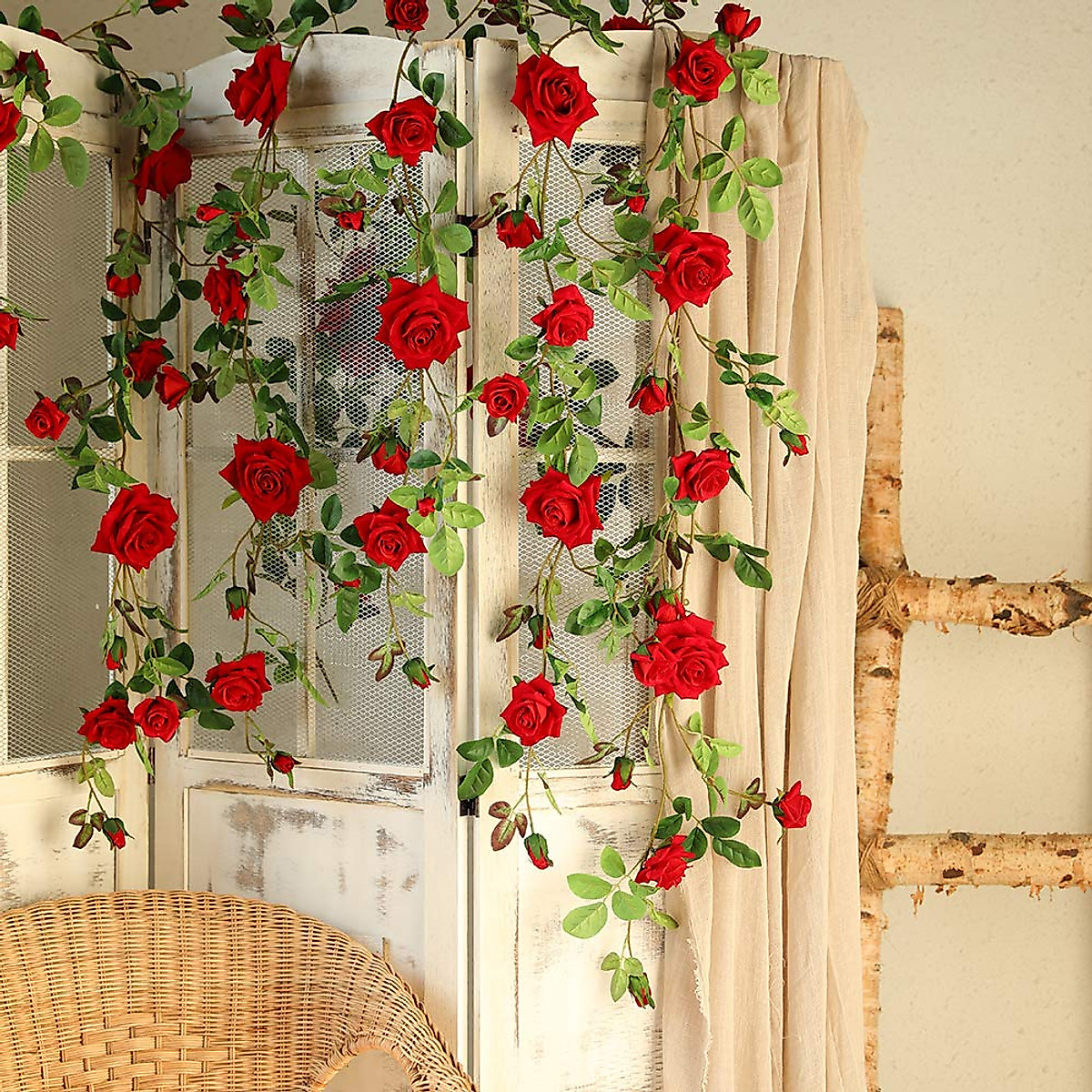 Veryhome Rose Vine Artificial Flower Garland Fake Hanging Rose Ivy Plants 6ft for Wedding Home Party Garden Arrangement Decor Pack of One (Red)
