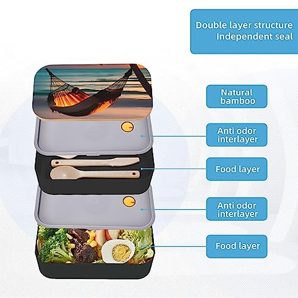 Sunset Beach Hammock Adult Lunch Box, Bento Box, With Cutlery Set Of 3, 2 Compartments, Rectangular, Lunch Box For Adults