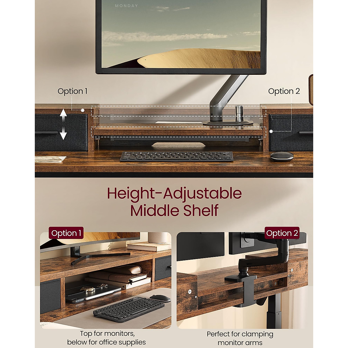 VASAGLE Electric Standing Desk with Drawers, Sit Stand Desk with Built-in Power Strip, Adjustable Height, 23.6 x 47.2 Inches, 2 Hooks, Memory Function, for Home Office, Rustic Brown ULSD182X21