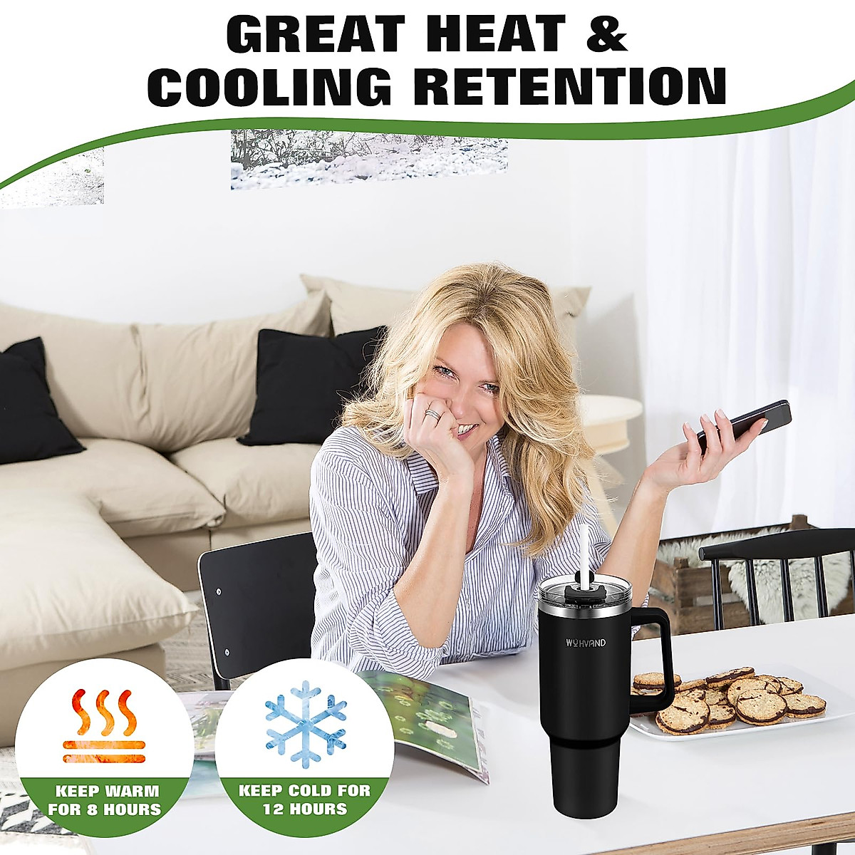 WYHVAND 40 oz Tumbler with Handle, Stainless Steel Insulated Tumbler with Lid and Straw Keeps Drinks Cold and Hot，The Best Birthday Gifts for Family，Friends -Black