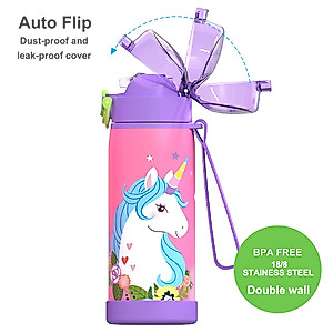 16 oz Insulated Water Bottle with Straw for Kids, Durable Stainless Steel & Leak Proof One Click Open Soft Sipper & Protective Silicone Boot (Unicorn)