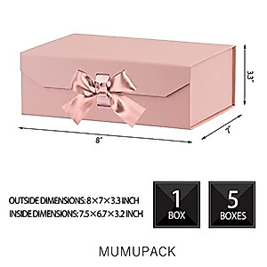 MUMUPACK 5 Pink Gift Boxes with Lid for Presents 8x7x3.3 Inches with Ribbon and Magnetic Closure, Collapsible Matte Textured Finish Box for Mother's Day, Birthdays, Bridal Gifts,Weddings