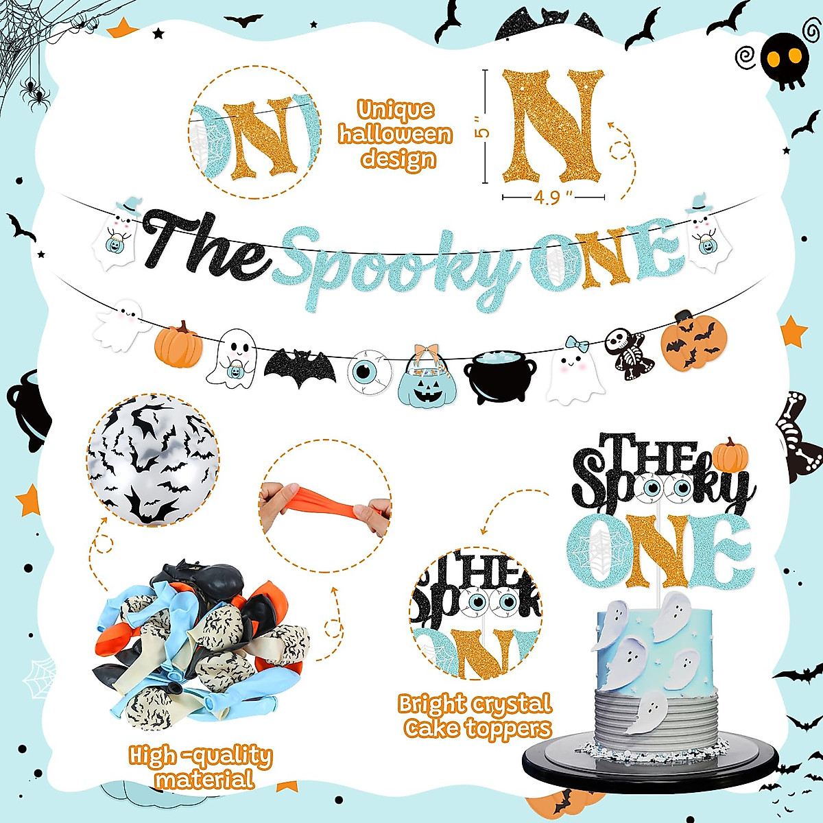 K KUMEED Halloween 1st Birthday Party Decorations,The Spooky One Banner Cute Ghost Eyeballs Pumpkin Cake Topper and Latex Balloons for Halloween First Birthday Boys Halloween Birthday Party Supplies