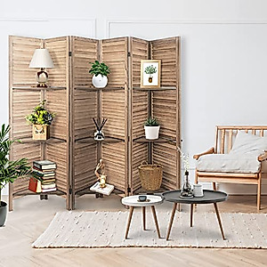 Babion 6 Panels Room Divider, Privacy Screen Room Dividers and Folding Privacy Screen, Room Dividers with 3 Display Shelves, Wood Room Divider, Partition Wall for Home Office, Brown