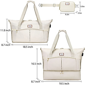 Travel Bags for Women, Sports Gym Duffle Bag with Foldable Shoe Compartment, Large Weekender Overnight Bag with Wet Pocket and USB Charging Port for Women Traveling, Gym Tote, Yoga (Beige)