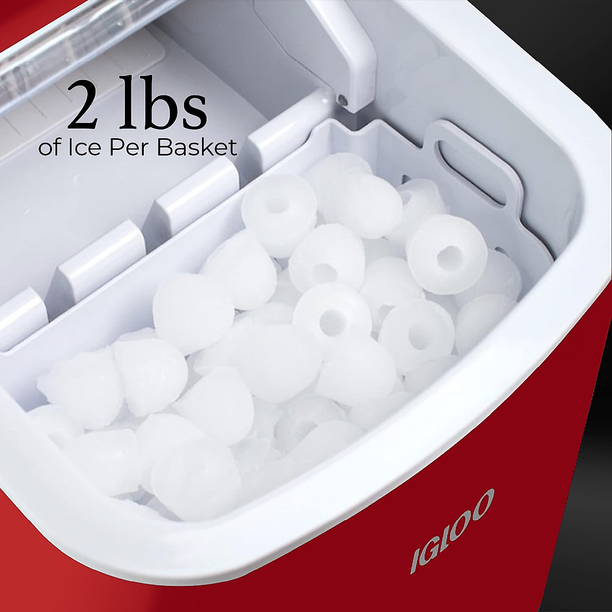 Igloo Electric Countertop Ice Maker Machine - Automatic and Portable - 26 Pounds in 24 Hours - Ice Cube Maker - Ice Scoop and Basket - Ideal for Iced Coffee and Cocktails - Red