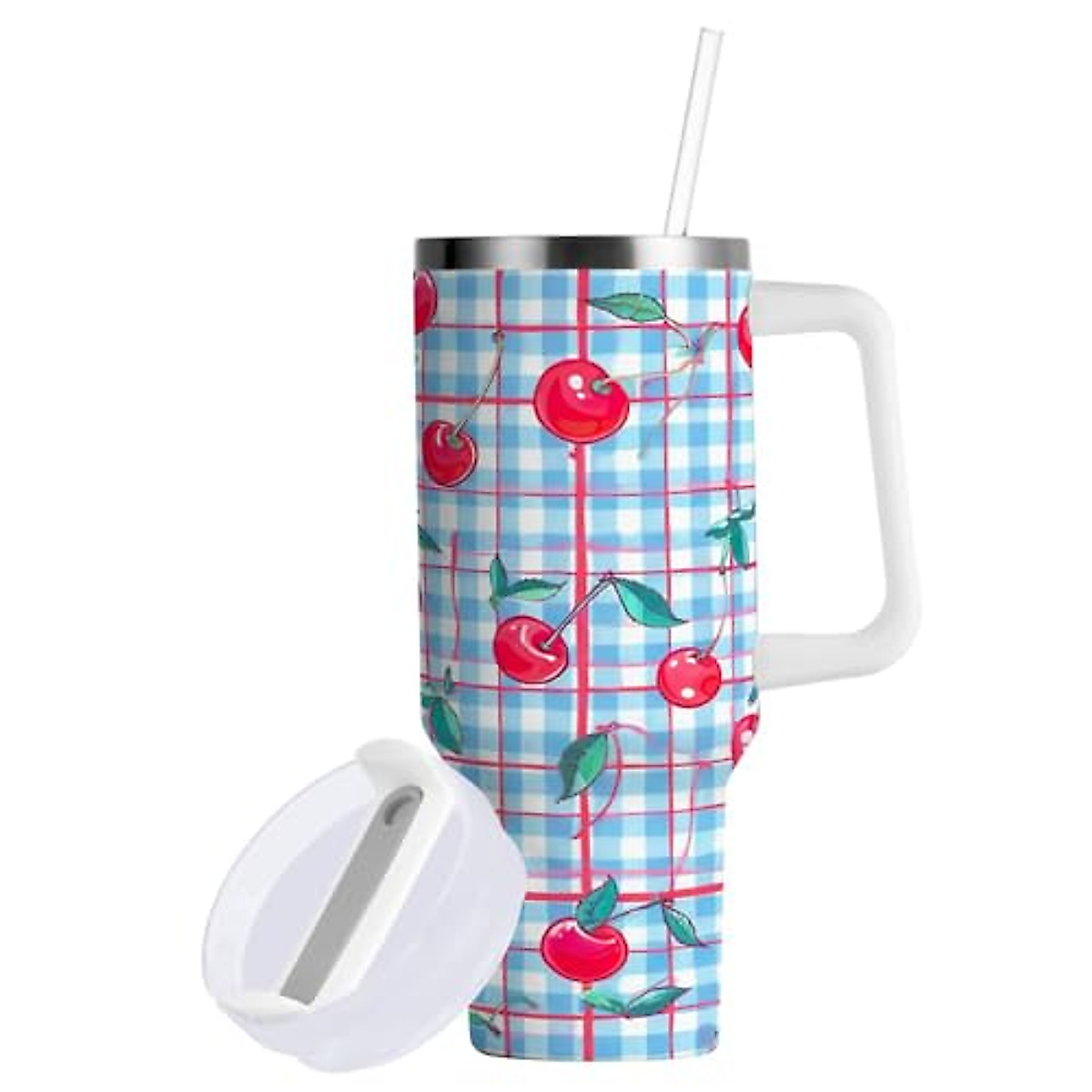 RPLIFE Kawaii Cherry Grid Pastel Stainless Water Bottle, Insulated Coffee Cups with Lids, Tumblers for Women