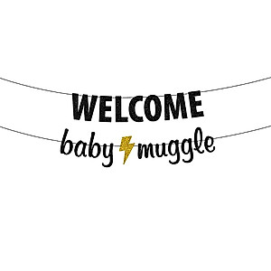 Welcome Baby Muggle Banner, Baby Shower Party Bunting, Welcome Little Muggle/Baby Announcement Party Decorations Sign Black Glitter