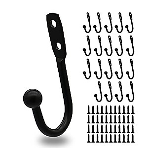BERYLER Black Coat Hooks, 20-Pack 1”x2” Heavy Duty Single Wall Hooks with Metal Screws Included, Wall Mounted Hook for Hanging Clothes, Hats, Bags, Scarfs, Keys