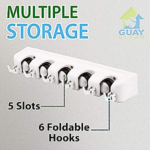 Guay Clean Broom and Mop Holder - Garden Tool Organizer - Home Storage Utility Rack- Strong Grip Hangers with Foldable Hooks - Heavy Duty Wall Mounted Shelf System - Fixed