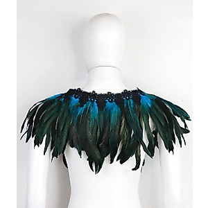 ZAKIA Women's Natural Feather Shawl Cape Halloween Shrug Black Brown Poncho Collar (Blue)