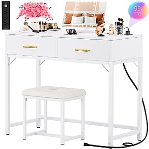 Cyclysio Vanity Desk with Charging Station, White Makeup Vanity with Lighted Mirror, Tri-Fold, Small Vanity Set with Drawers and 3 Outlets & 2 USB, 36'' Vanitys with Stool, Dressing Table, White