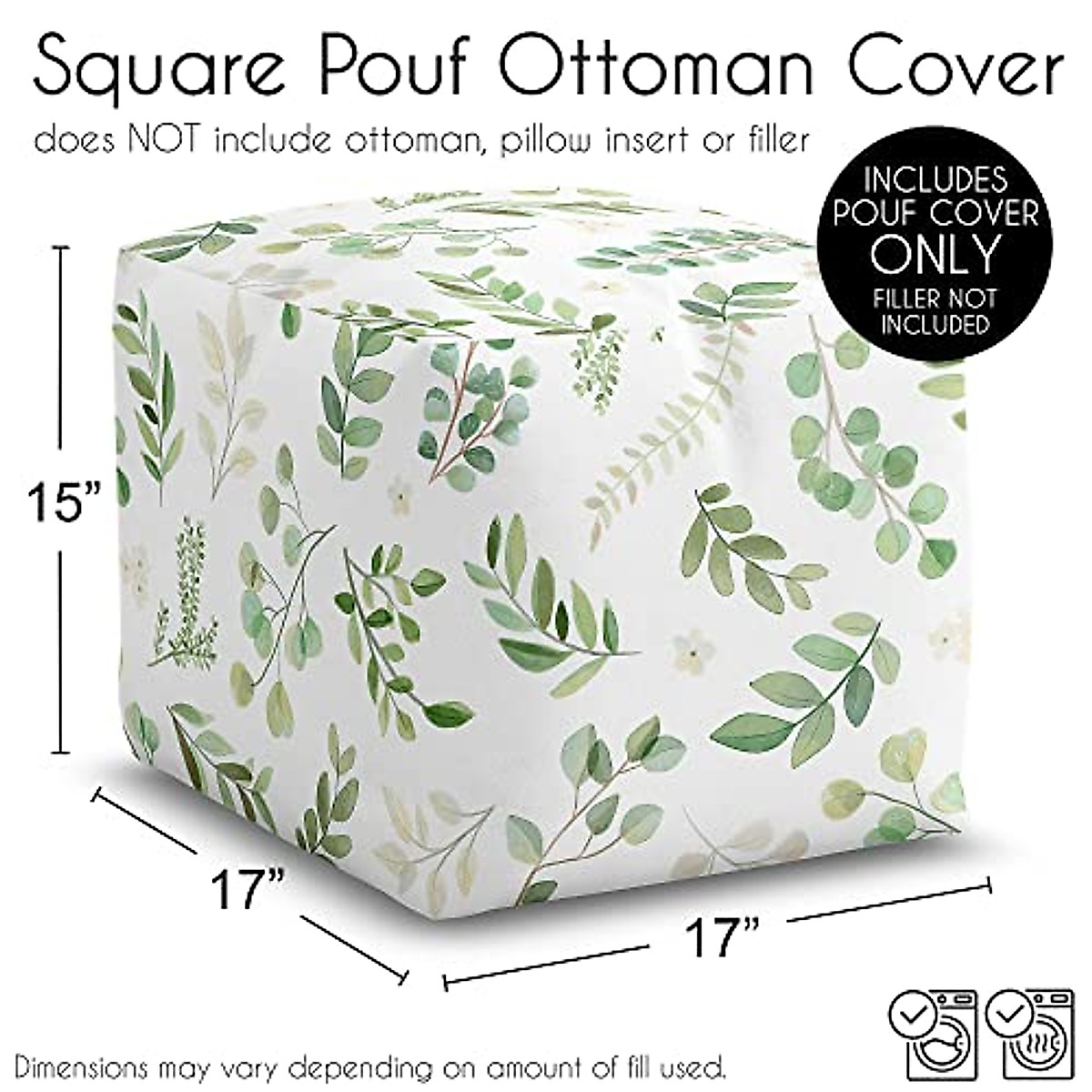 Sweet Jojo Designs Green Boho Floral Leaf Boy Girl Ottoman Pouf Cover Unstuffed Poof Floor Footstool Square Cube Pouffe Storage Baby Nursery Kids Room Sage White Bohemian Gender Neutral Watercolor