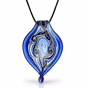 BESHEEK Handmade Murano Inspired Blown Abstract Glass Lampwork Art Pendant Necklace for Women Handcrafted Artisan Hypoallergenic Italian Style Jewelry (Cobalt Blue Swirls Twisted Leaf)