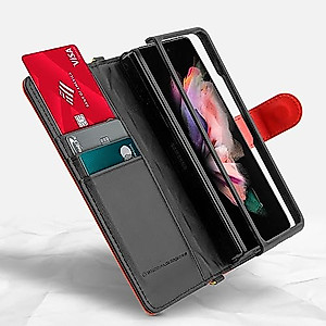 Qoosan Genuine Leather Designed for Samsung Galaxy Z Fold 5 Wallet Case (2023) Hinge Protection 360 Cover Flip Phone Case with Card Holder Strap, Red