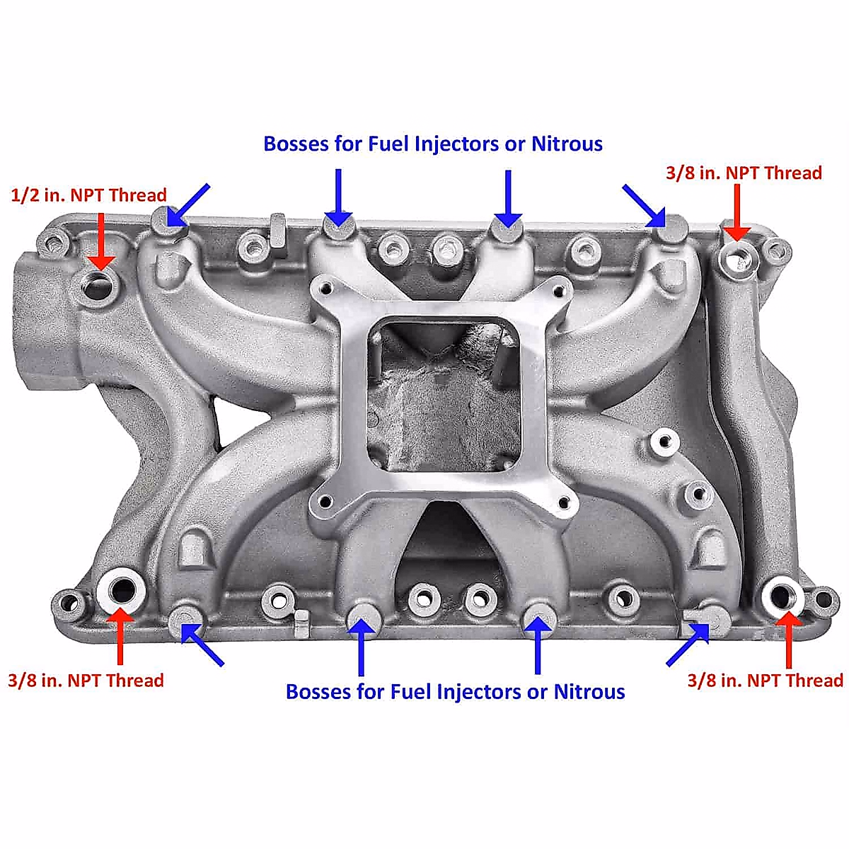 JEGS Intake Manifold for 1969-1996 Small Block Ford 351 Windsor - Hi-Rise, Single Plane, Open Plenum - Square Bore 4150/4160 Flange - 5.68” Carb Pad Height - 3500-8000 RPM
