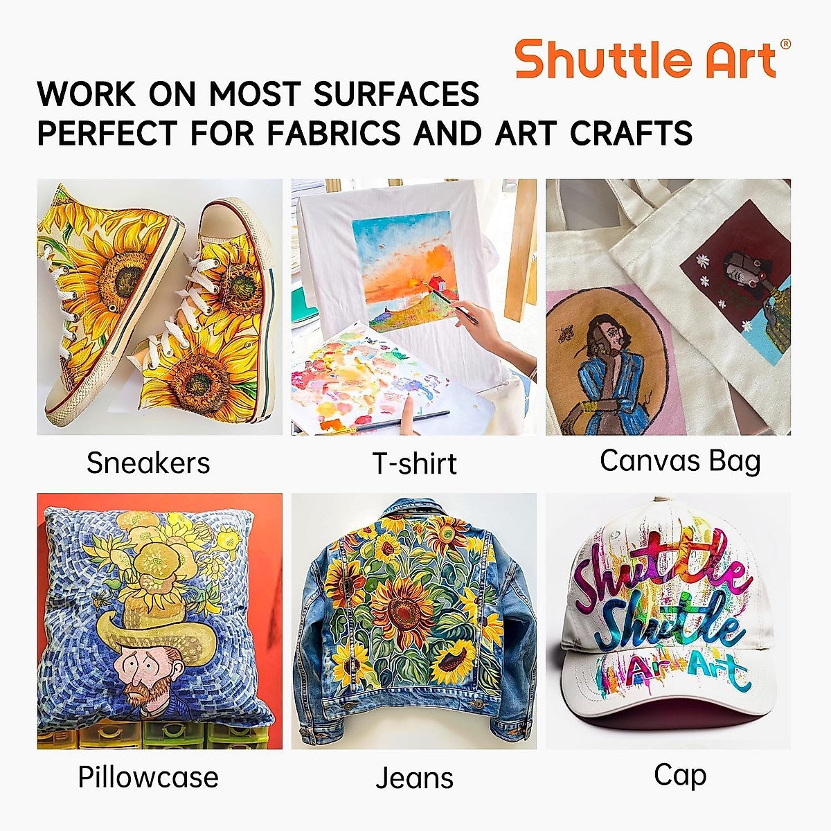 Shuttle Art 24 Colors Fabric Paint, 60ml/2oz Bottles, Permanent Soft Fabric Paint for Clothes with Brushes &Stencils, Non-Toxic Textile Paint for T-Shirts, Shoes, Jeans, Bags, DIY Projects & Crafts