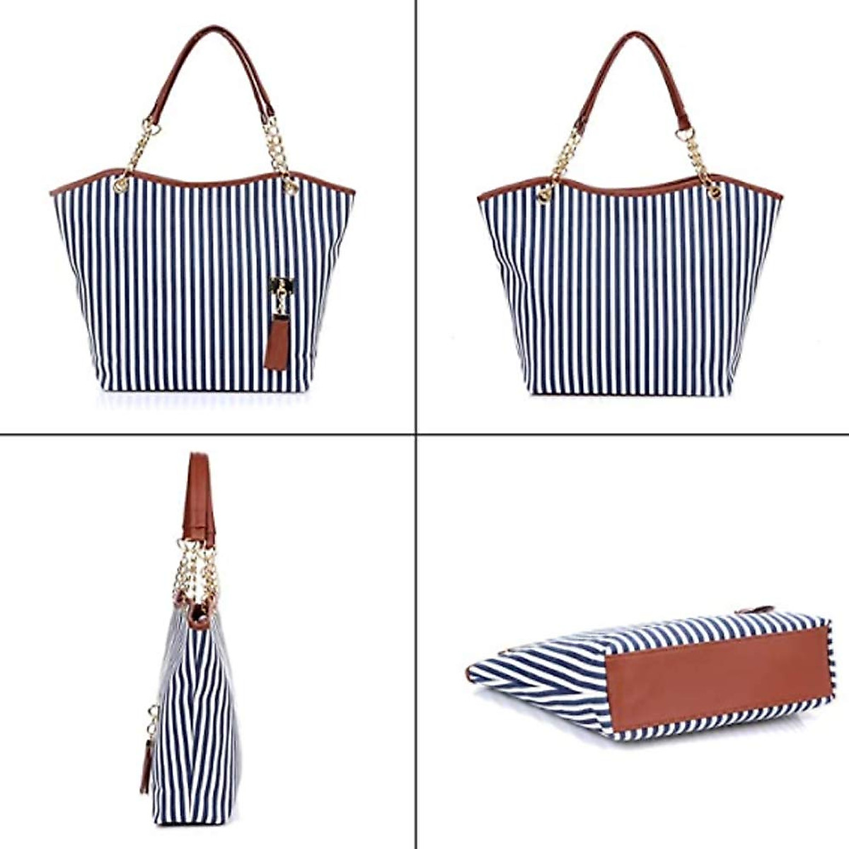 Rullar Women Tassel Canvas Handbag Purse Stripes Tote Fashion Shoulder Bag Large Capacity Satchel(Blue Stripe)