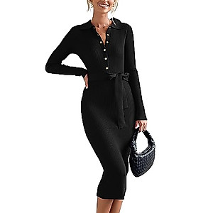 BTFBM 2023 Women V Neck Long Sleeve Bodycon Sweater Dress Button Up Tie Waist Ribbed Knit Midi Pencil Dresses with Belt(Solid Black, Large)