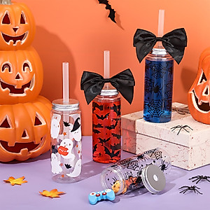 Teenyyou 12 Sets Halloween Cup Gifts 14.2 oz Ghost Pumpkin Plastic Cup Tumblers with Lid Straw and Bow Reusable Coffee Mug Coffee Cup for Halloween Kitchen Party Supplies(Simple Style)