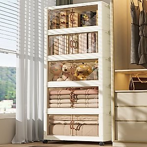 5 Storage Bins with 5 Lids, 23 Gal Collapsible Storage Bins, 5 Packs Stackable Storage Bins with Wheels,Large Closet Organizers and Storage, Double Door Stackable Storage Bins for Home, Ofiice, Dorm