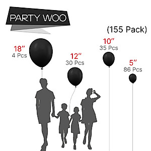 PartyWoo Black Balloons, 155 pcs Black Balloons Different Sizes Pack of 18 12 10 5 Inch Black Balloons Arch Kit Balloon Garland for Birthday, Graduation, Halloween, Party Decorations, Black-Y18