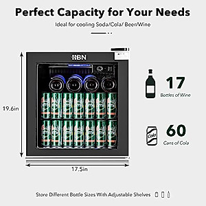 HBN Mini Beverage Refrigerator - 1.6Cu Ft/ 60 Can Beverage Cooler with Glass Door & Adjustable Shelves for Soda, Beer, Wine - Freestanding Beverage Fridge for Home, Bar, Office
