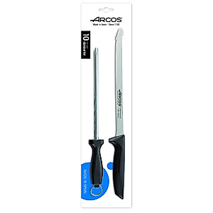 ARCOS 2 Piece Carving Knife Set. Ham Slicer Knife and Chaira Sharpener in Stainless Steel with Ergonomic Polypropylene Handle. Series Niza. Color Black