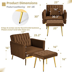 ACMEASE 2 Pieces Velvet Sofa Set with Adjustable Armrest and Backrest, 70” Convertible Futon Sofa Bed & Mordern Accent Chair with Ottoman for Living Room, Bedroom, Brown