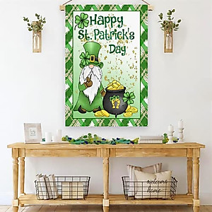 Surfapans Happy St Patricks Day Gnome House Flag 28x40 Inch Double Sided Outside Burlap Green Shamrock Clover Gold Coin Large Outdoor Yard Flags Porch Home Farmhouse Decoration