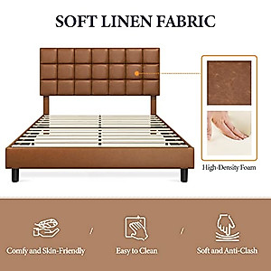 Yaheetech Upholstered Platform Bed Frame with Square Tufted Faux Leather Headboard Height Adjustable, Mattress Foundation Wooden Slats Support No Box Spring Needed, Amber Brown-Queen