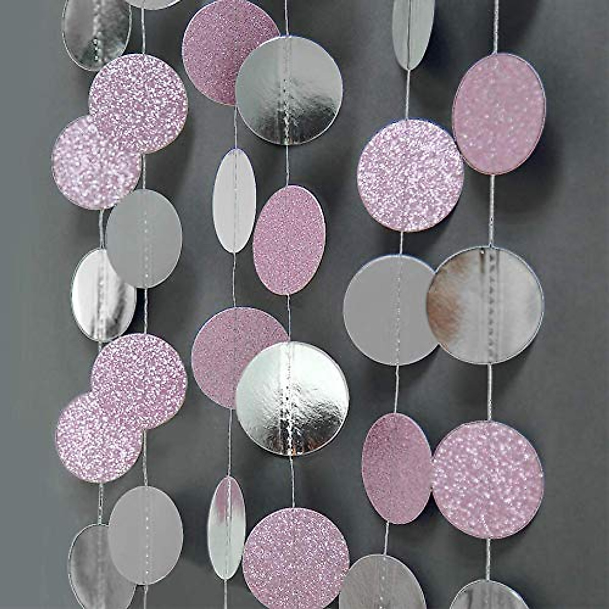 Glitter Silver Pink Circle Dot Garlands Party Decoratoins Polka Dots Streamer/Backdrop/Banner for Girls Birthday/Bday Party Hanging Decor/Bridal Baby Shower/Wedding/Anniversary/Engagement/Sweet 16