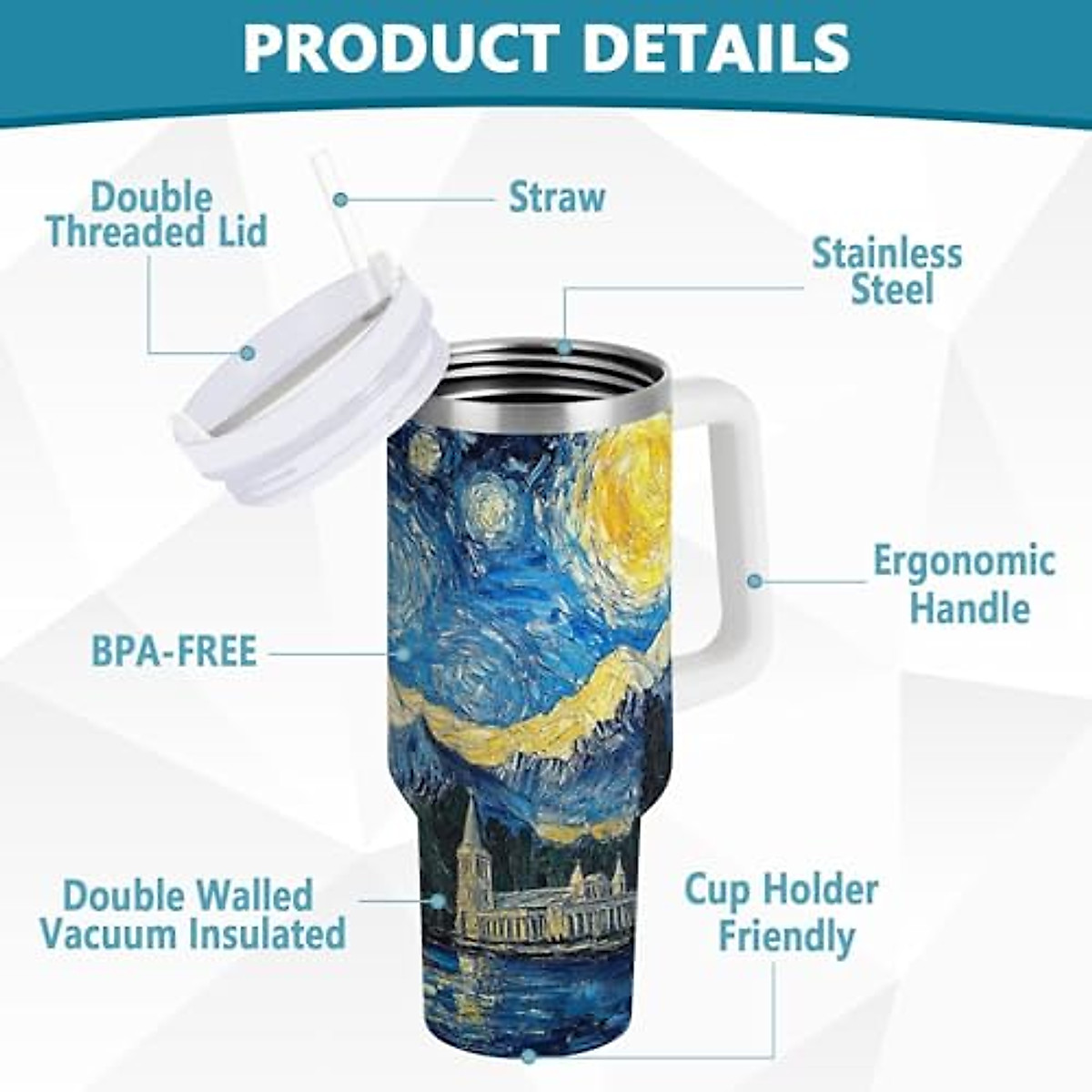 RPLIFE Starry Night Style Coffee Tumbler, Stainless Steel Coffee Tumbler, Insulated Tumblers with Handles, Tumblers for Women