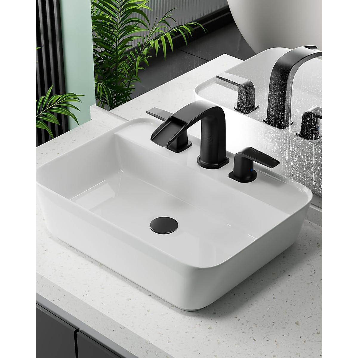 Waterfall Bathroom Sink Faucet, 3 Hole Matte Black Brass Modern Deck Mount 2 Handle Vanity Faucet with Metal Pop-up Drain Stopper & Water Supply Hoses