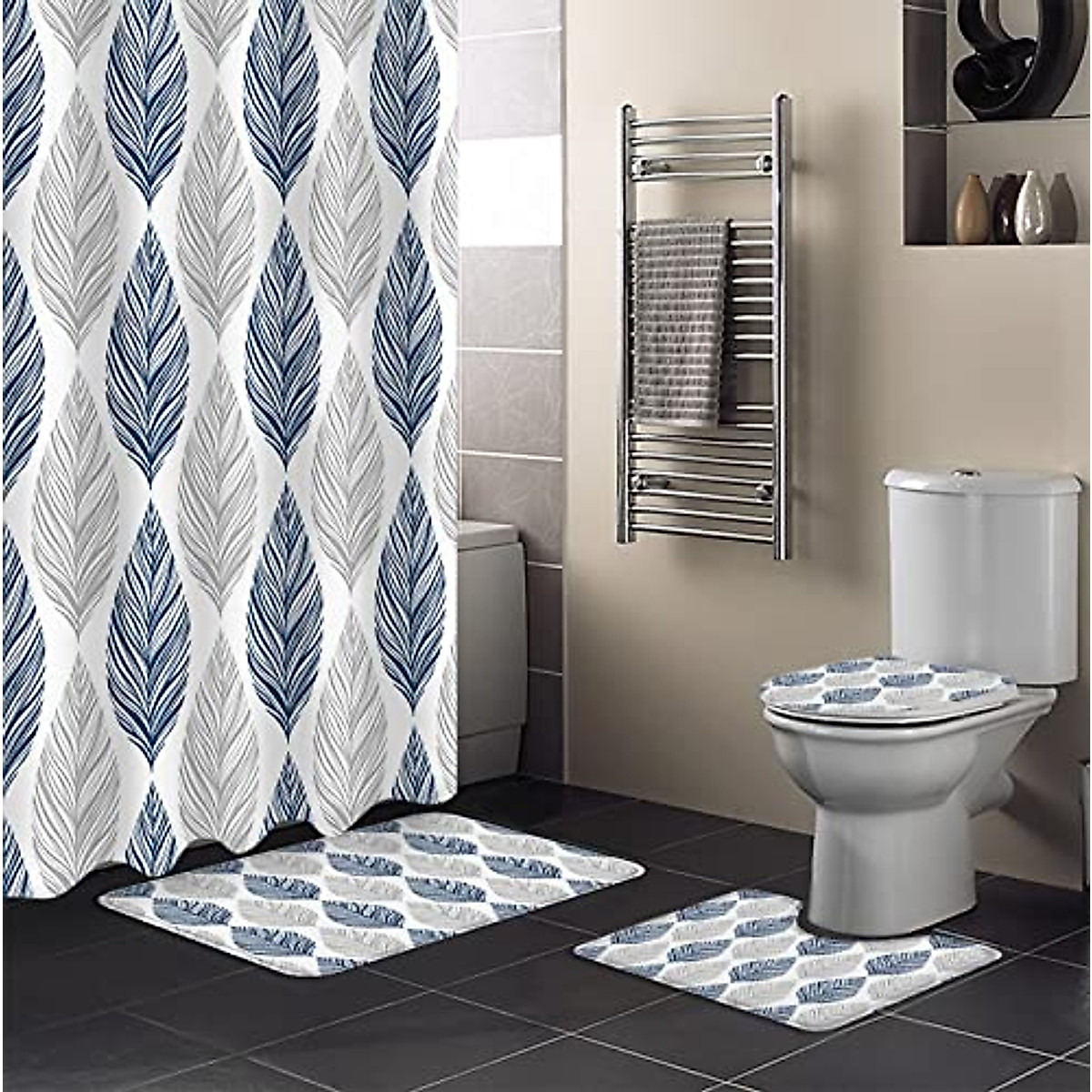 4 Pcs Shower Curtain Set with 12 Hooks Grey and Navy Blue Olive Leaf Texture Watercolor Hand Drawn Bathroom Sets with Non-Slip Bath Mat Toilet Lid Cover Waterproof Durable Shower Curtain and Rugs