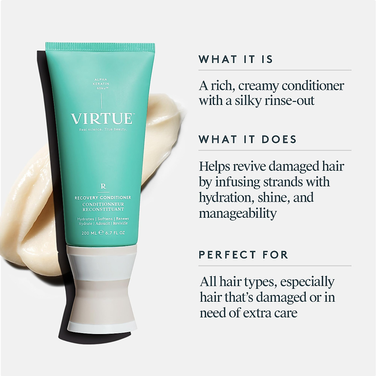 VIRTUE Recovery Conditioner with Keratin Hydrates, Softens, and Renews Damaged Hair, Sulfate Free, Color Safe