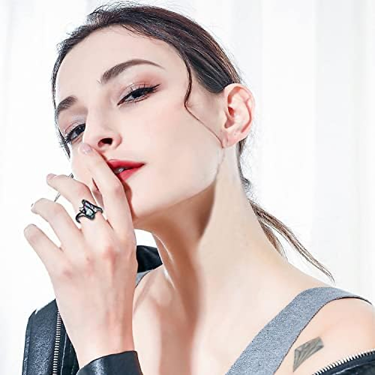 18K Black Gold Plated Rainbow CZ Marquise Promise Rings for Women Cocktail Eternity Band Party Birthday Gifts Fashion Jewelry(9)