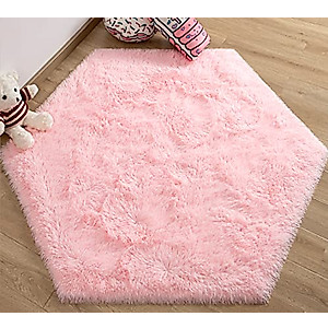 EVOIONOS Pink Hexagon Rug for Princess Tent , Fluffy Area Rug for Kids Room , 4.6X4 FT , for Girls Tent , Furry Soft Nursery Rug , Fuzzy Plush Carpet for Teen Girls Bedroom