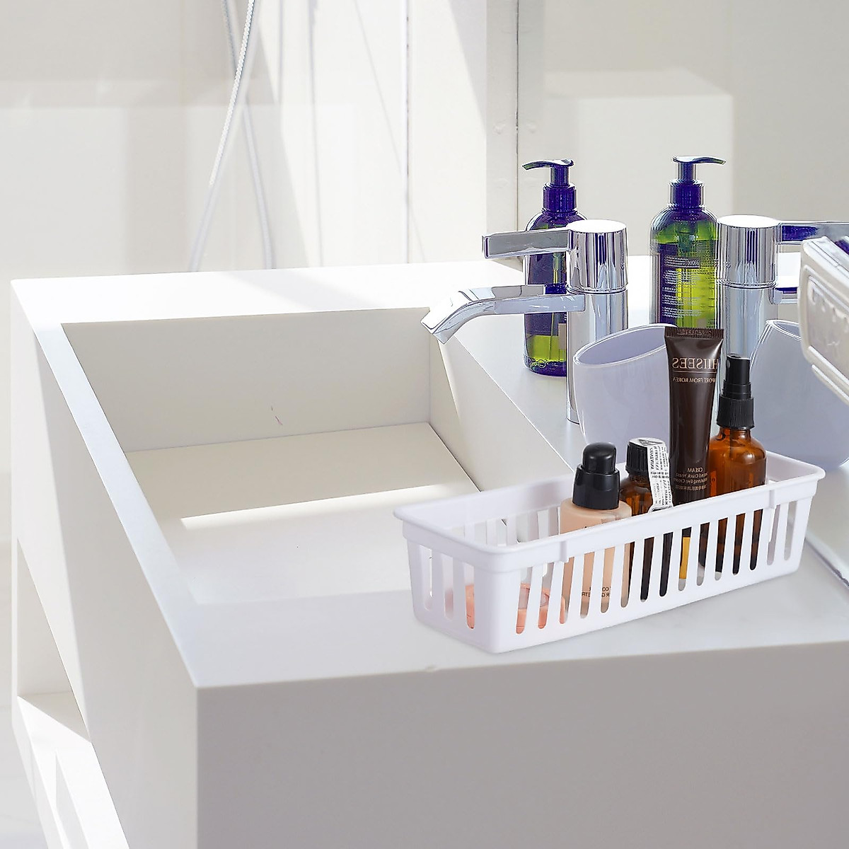 Domensi 24 Pcs Slim Plastic Storage Baskets Tray for Organizing 10.25 x 3.25 x 2.5 Inch Small Storage Bins Stackable Drawer Pencil Trays Holder for Desk Garage Office Containers(White)