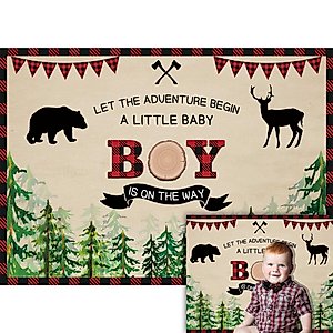 SeekPro 7x5ft Lumberjack Baby Shower Backdrop Red Plaid Bear Adventure Begins Boy Baby Shower Photo Background Baby Shower Party Supplies SK6211B