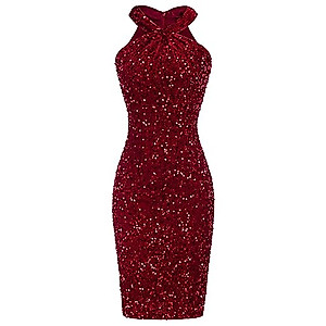Women Red Sequin Dress Formal Prom Homecoming Dresses Velvet Sequin M