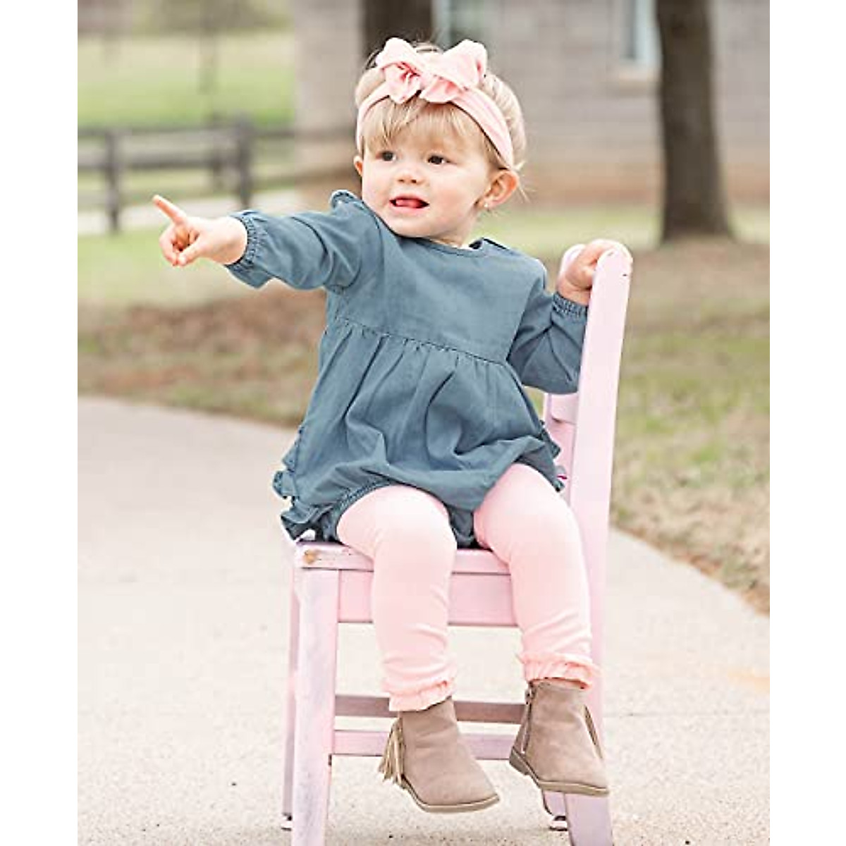 RuffleButts® Baby/Toddler Girls Light Wash Denim V-Back Bubble Romper - 0-3m