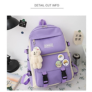 AMZTAN 4Pcs Canvas School Backpack Combo Set for Students with Bear Pendant Handle Shoulder Tote Bag Laptop Schoolbag (Purple)