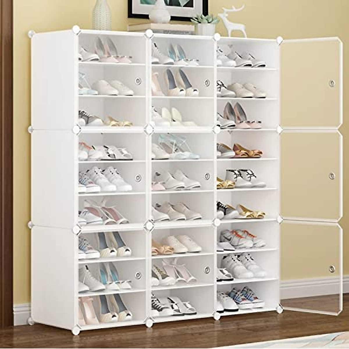 HaroldDol Shoe Rack 96 Pairs Stackable Shoe Organizer Narrow Standing, Shoe Organizer with Cover Plastic, Stackable Expandable Shoe Rack for High Heels, Boots (4 x 12-Tier)