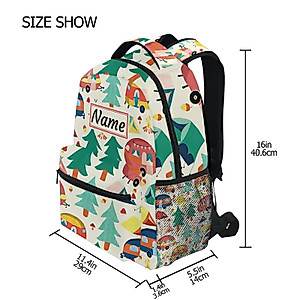 Camper Caravans and Tents in Forest Custom School Backpack for Boys Girls, Personalized Name Elementary School Bookbag Travel Bag Daypack