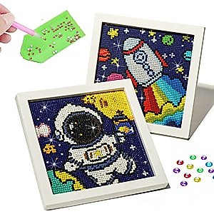 Spaceship Diamond Painting Kits for Kids Beginner with Frame 2 Pack - 5D Full Drill Round Diamond Art Rhinestone Embroidery Astronaut Gem Arts Craft for Kids, DIY Paint with Diamonds Wall Decor 7 inch