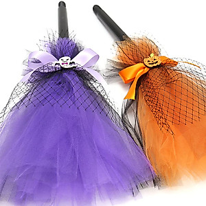 2pcs Halloween Witch Broom, Kids Cosplay Broom Prop Plastic Broom Props Witch Flying Broomstick with Adjustable Handle for Halloween Costume Party Supplies (Orange, Purple)